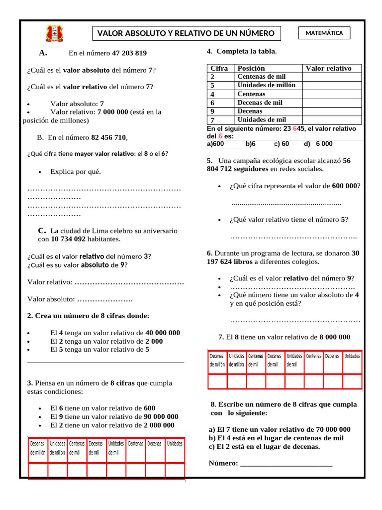 FICHA DE VALOR ABSOLUTO Y RELATIVO - MATEMÁTICA | PDF