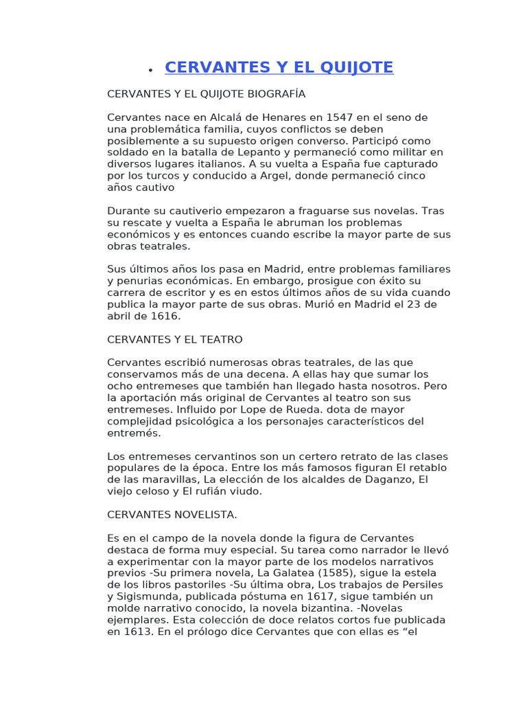 Cervantes: Vida y Obra del Quijote | PDF | Don Quijote | Miguel De ...