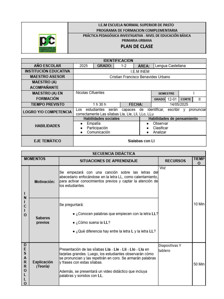 Plan de Clase: Sílabas con LL en Primaria | PDF | Modificación de ...