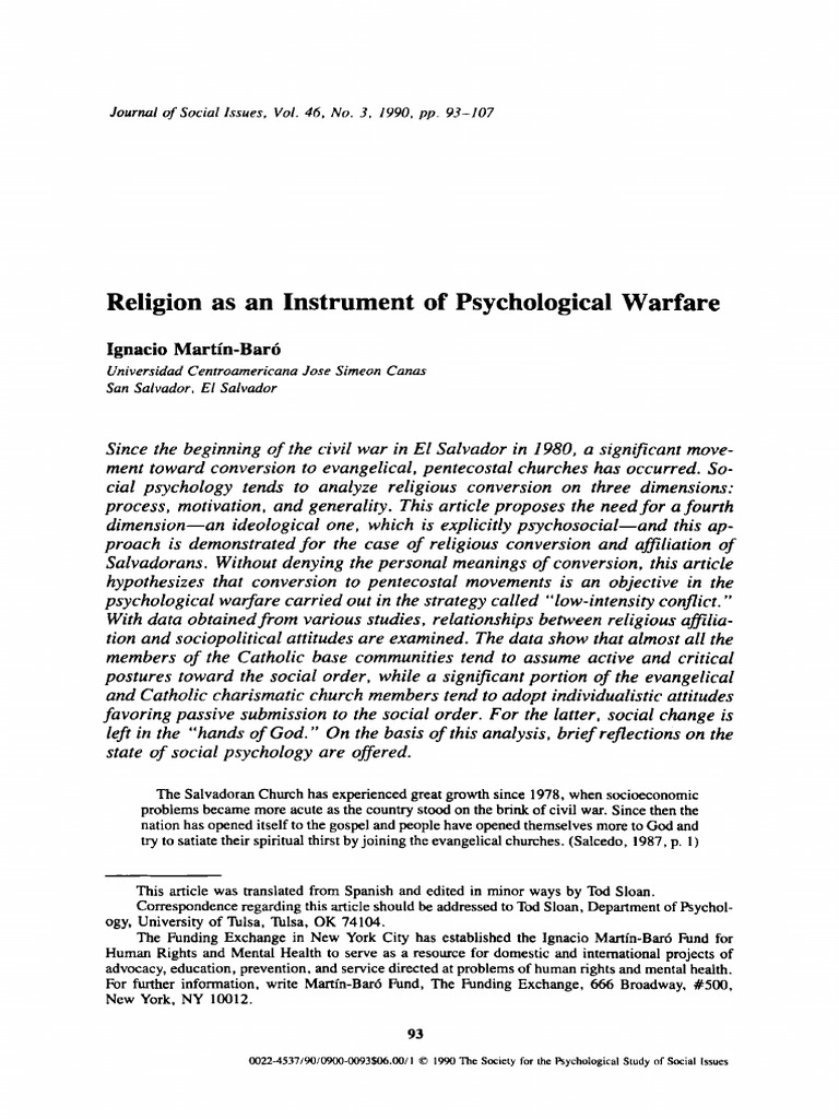 Martín-Baró 1990 Religion As An Instrument of Psychological Warfare ...