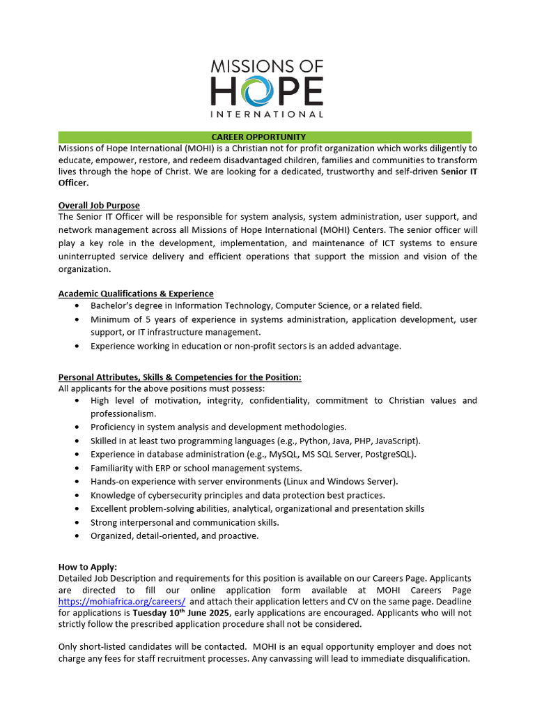 Senior IT Officer Job Opening at MOHI | PDF | Postgre Sql | Recruitment
