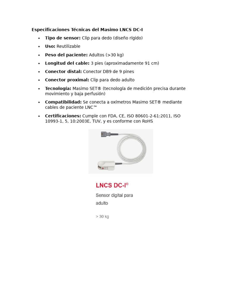 Especificaciones Técnicas Del Masimo LNCS DC | PDF