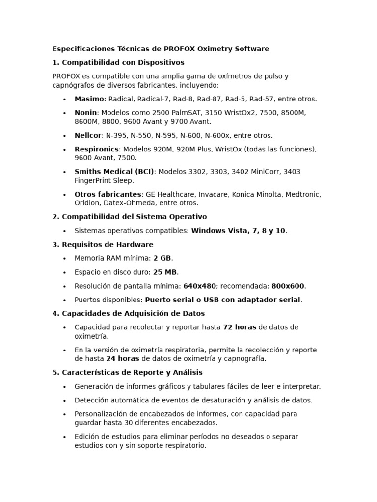 Especificaciones Técnicas de PROFOX Oximetry Software | PDF | Hardware ...