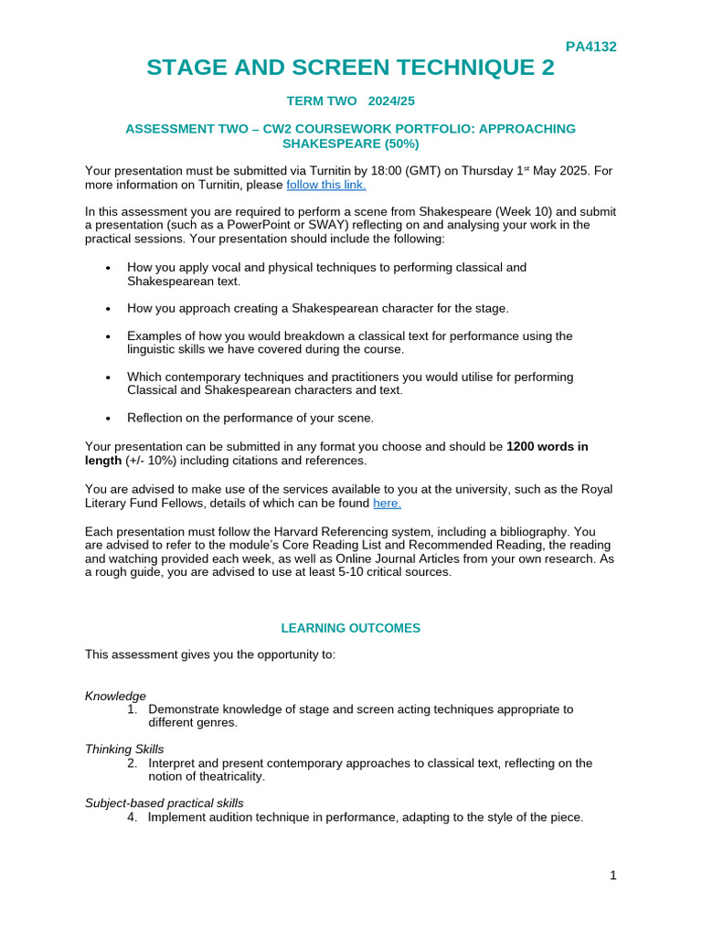 CW2 Assessment Criteria (PA4132 24-25) | PDF | William Shakespeare | Citation