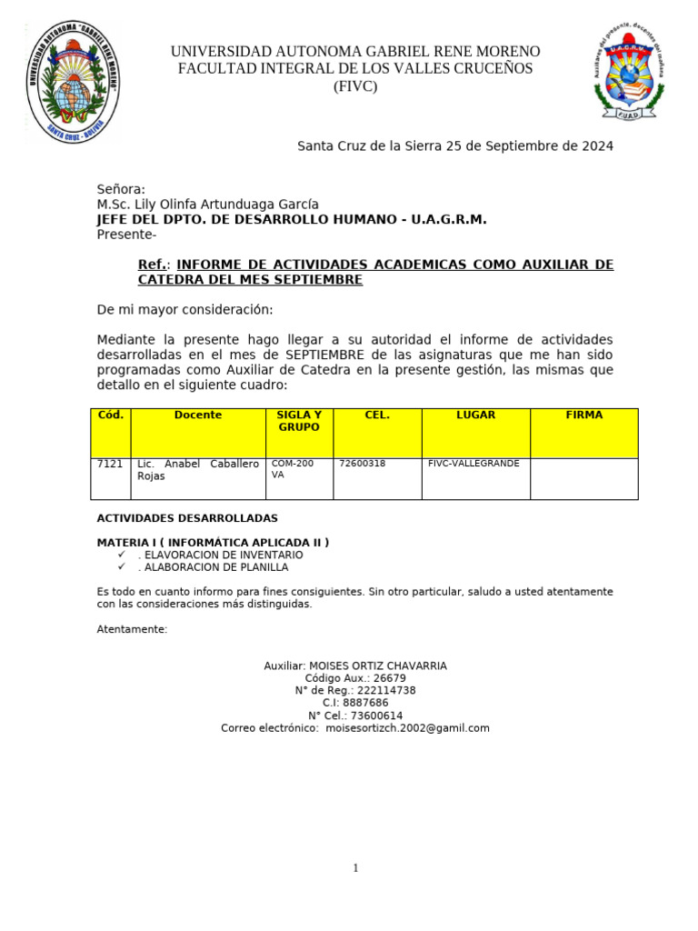 Modelo Informe de Auxiliar Catedra (Reparado) | PDF