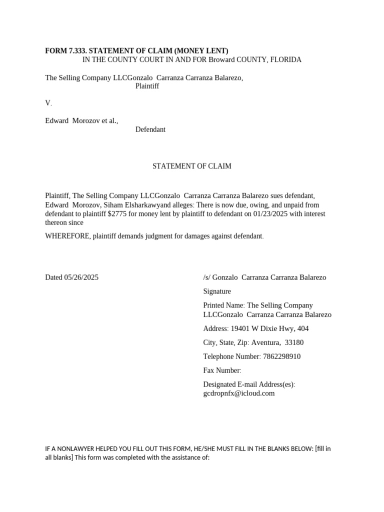 Statement of Claim For Money Lent - System Generated | PDF