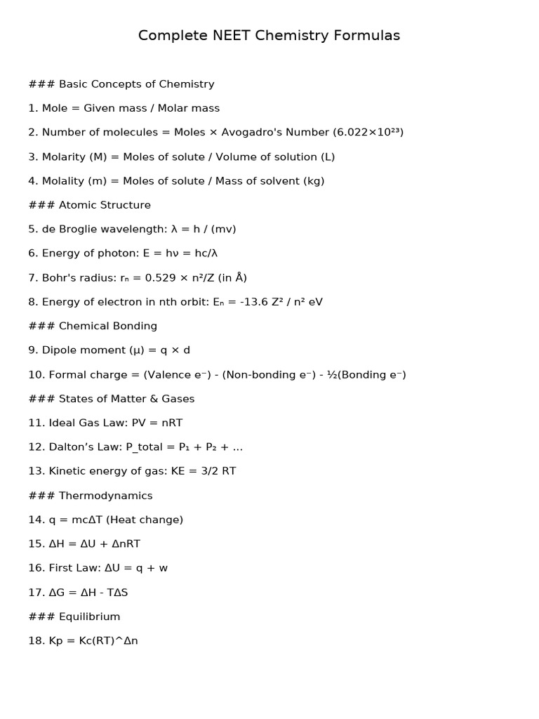 Complete NEET Chemistry Formulas | PDF