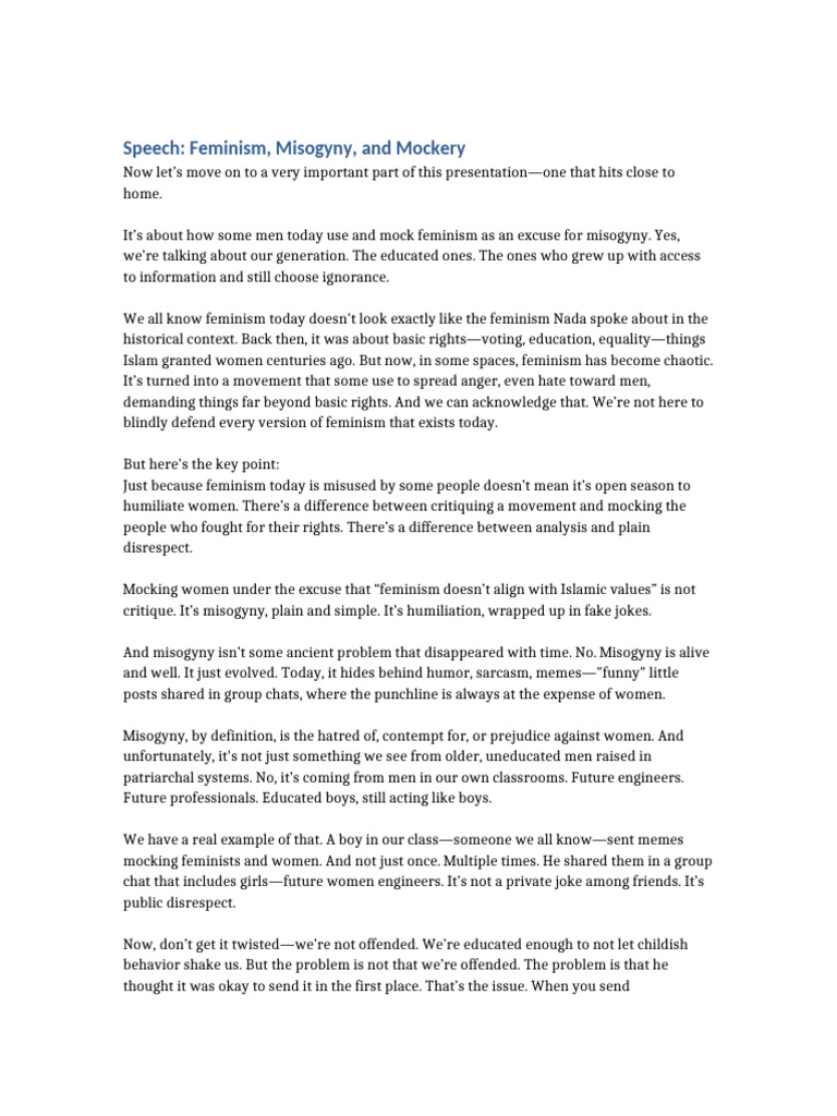 Feminism and Misogyny Speech | PDF | Misogyny | Feminism