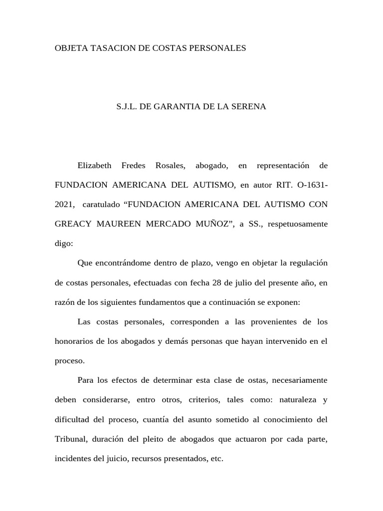 Objeta Tasacion de Costas Personales | PDF | Justicia | Crimen y violencia