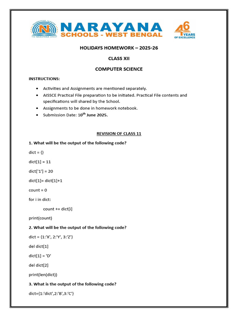 Class Xii Computerscience - Holiday Homework | PDF | Python ...