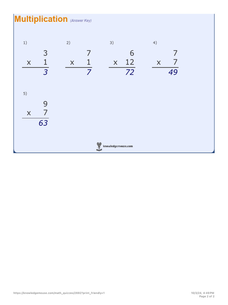 Multiplication Math Quiz - Knowledge Mouse | PDF