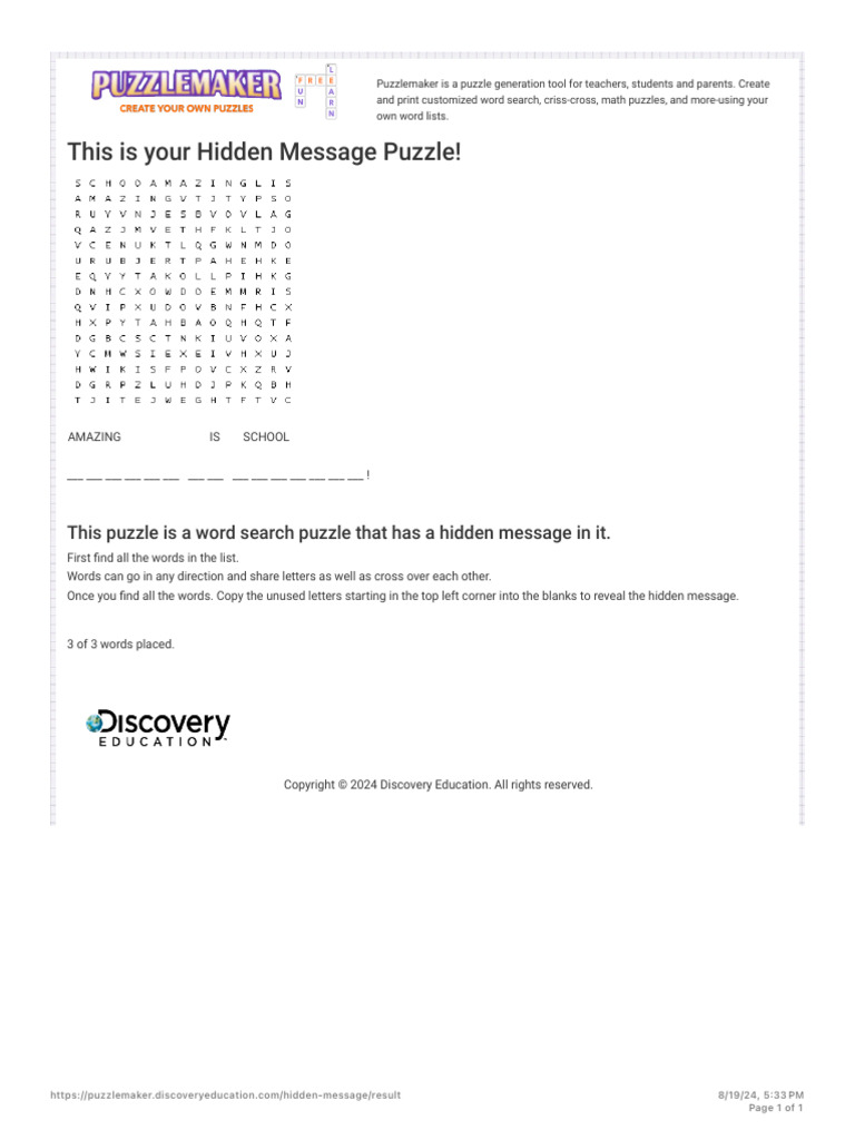 Hidden Message Crossword Puzzle | PDF | Word Search | Linguistics
