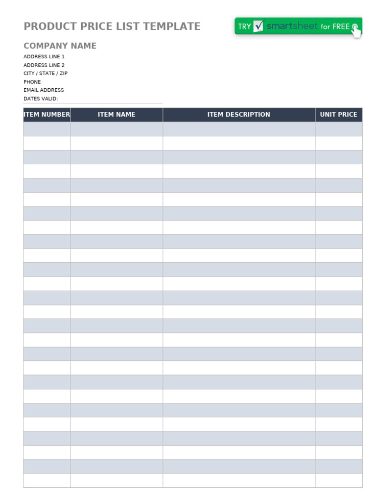 Smartsheet Price List Template | PDF