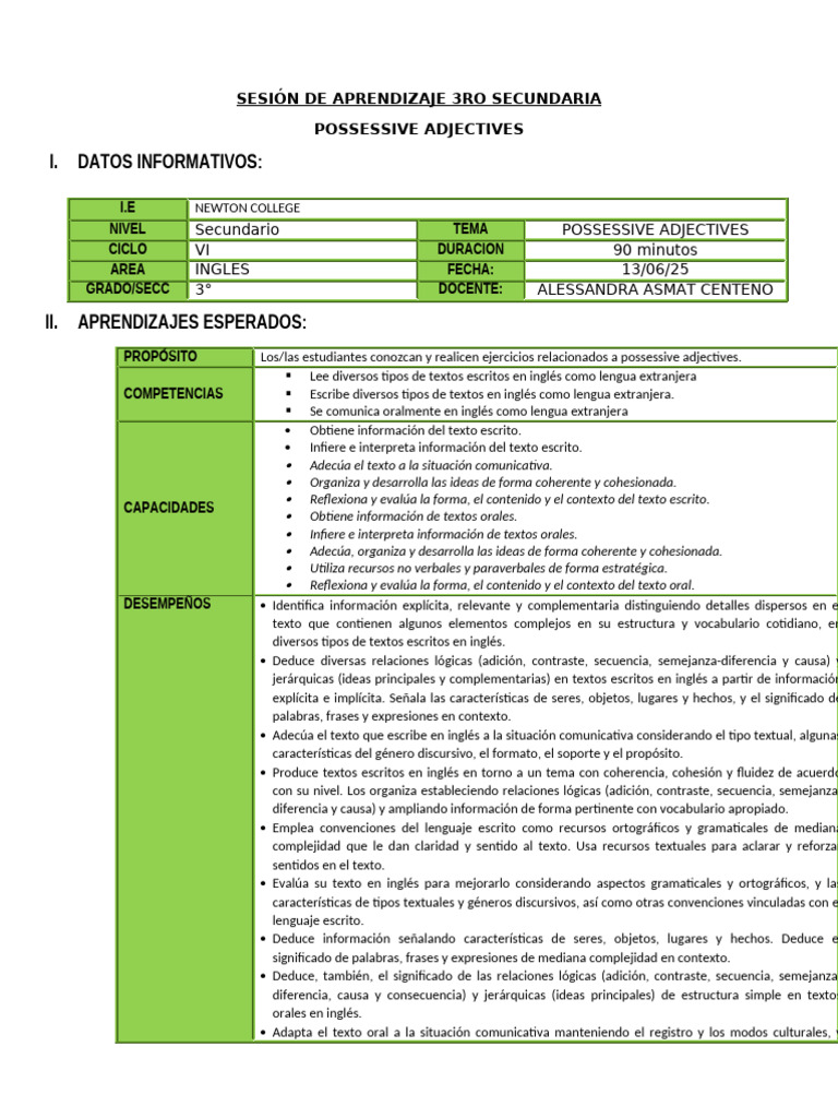 687784058-Sesion-3ro Adjetivos-Posesivos | PDF | Aprendizaje | Enseñando