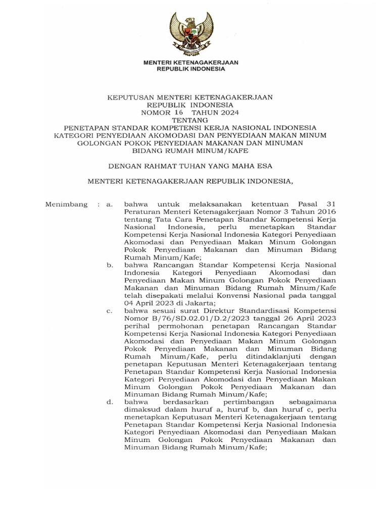 SKKNI 2024-016.pdf Barista | PDF