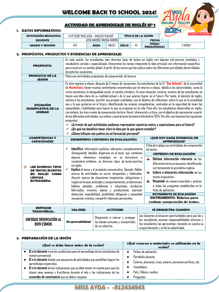 ACTIVIDAD DE APRENDIZAJE N°1-_-EVALUACIÓN DIAGNÓSTICA-_-MISS AYDA-_-4TO GRADO | PDF | Evaluación ...