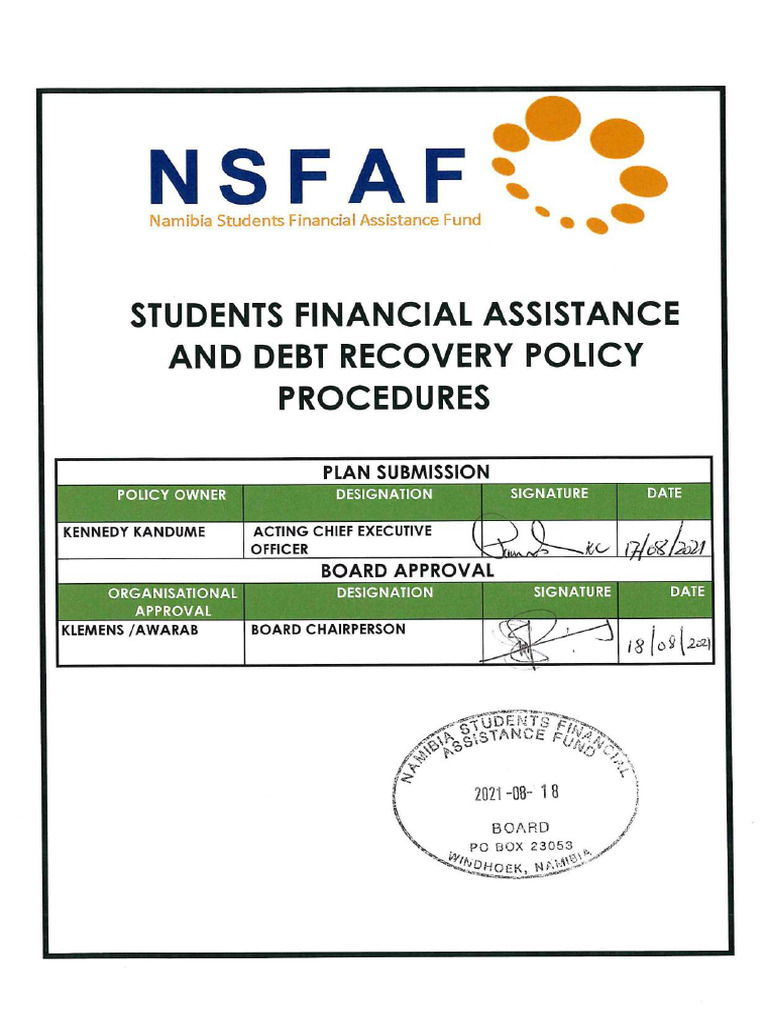 Signed Student Financial Assistance and Debt Recovery Policy Procedures ...