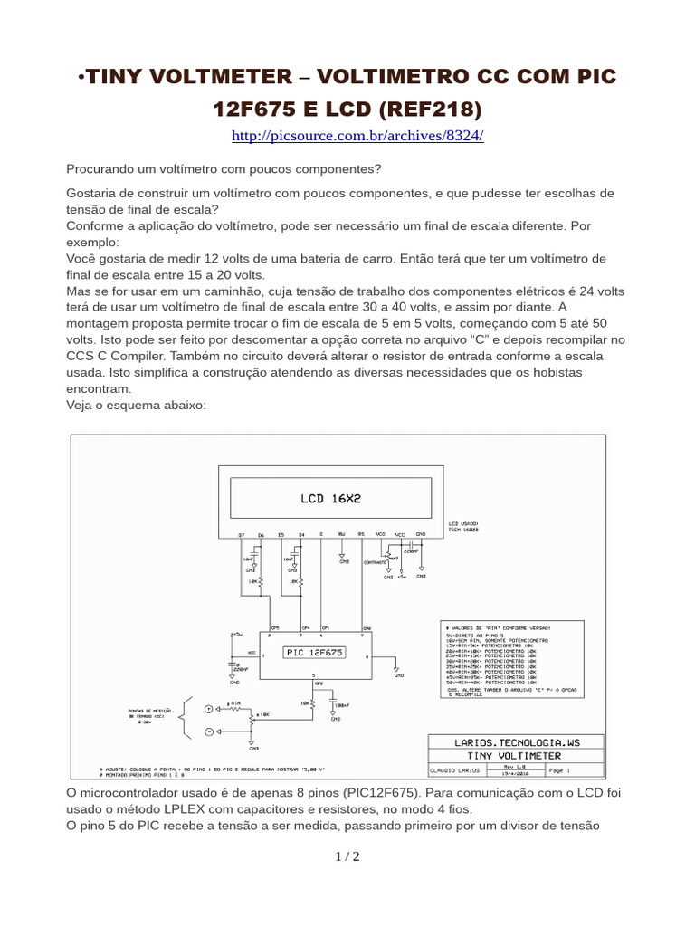 Tiny Voltmeter - Voltimetro CC Com Pic 12F675 e LCD (Ref218) | PDF ...