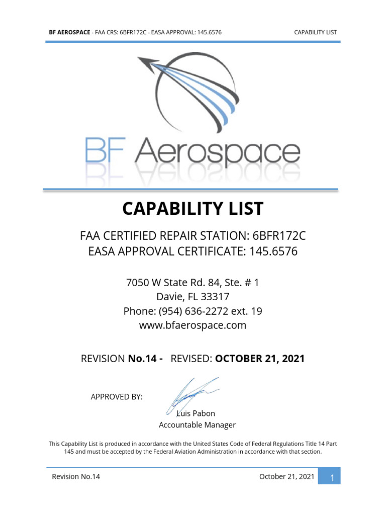 BF Aerospace FAA & EASA Capability List | PDF | Aerospace | Aviation