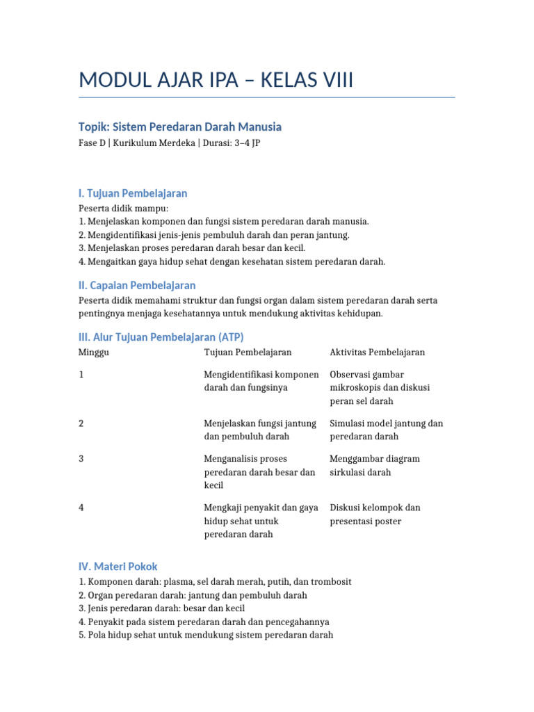Modul Ajar IPA Sistem Peredaran Darah Kurikulum Merdeka | PDF