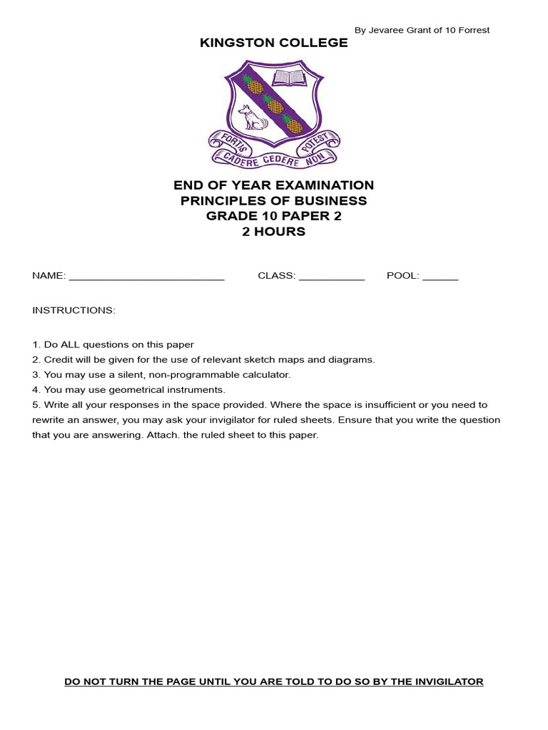 Grade 10 Principles of Business Exam | PDF