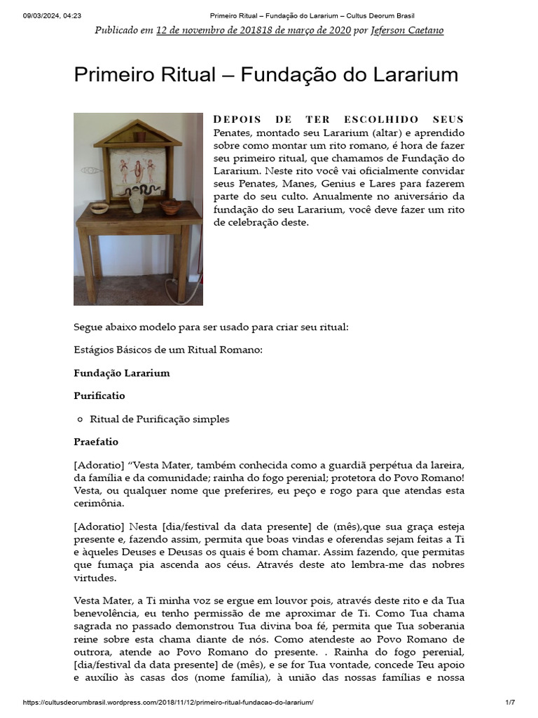 Primeiro Ritual - Fundação Do Lararium - Cultus Deorum Brasil | PDF ...