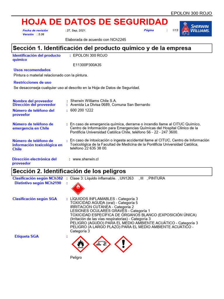 Hoja de Seguridad EPOLON 300 ROJO | PDF | Residuos | Reciclaje