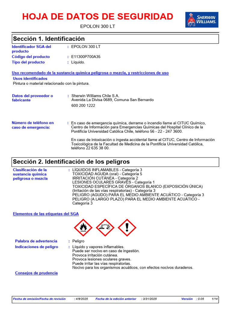 Hoja de Seguridad EPOLON 300 LT | PDF | Residuos | Agua