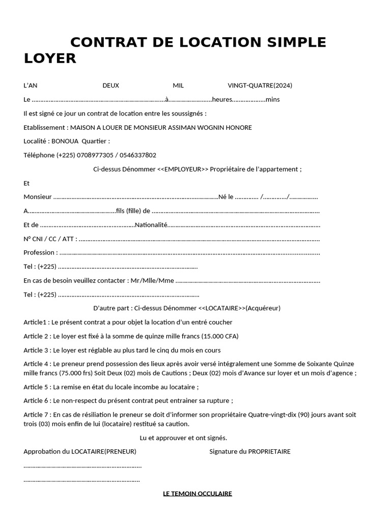 Contrat de Location Simple Loyer | PDF