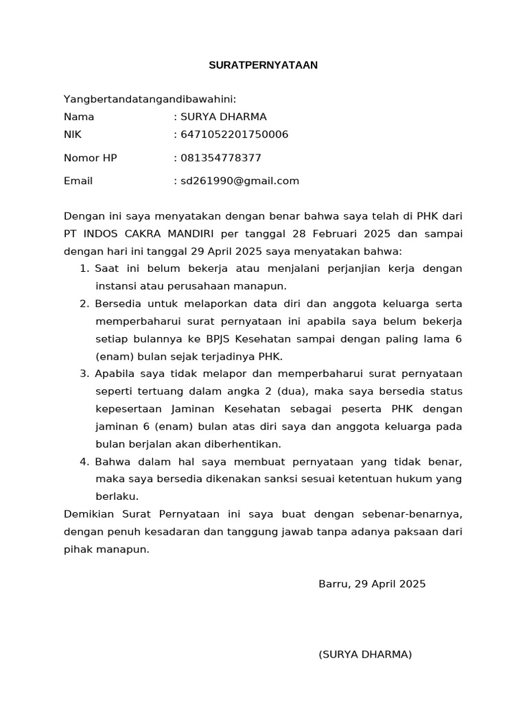 Surat Pernyataan PHK dan Jaminan 6 Bulan | PDF