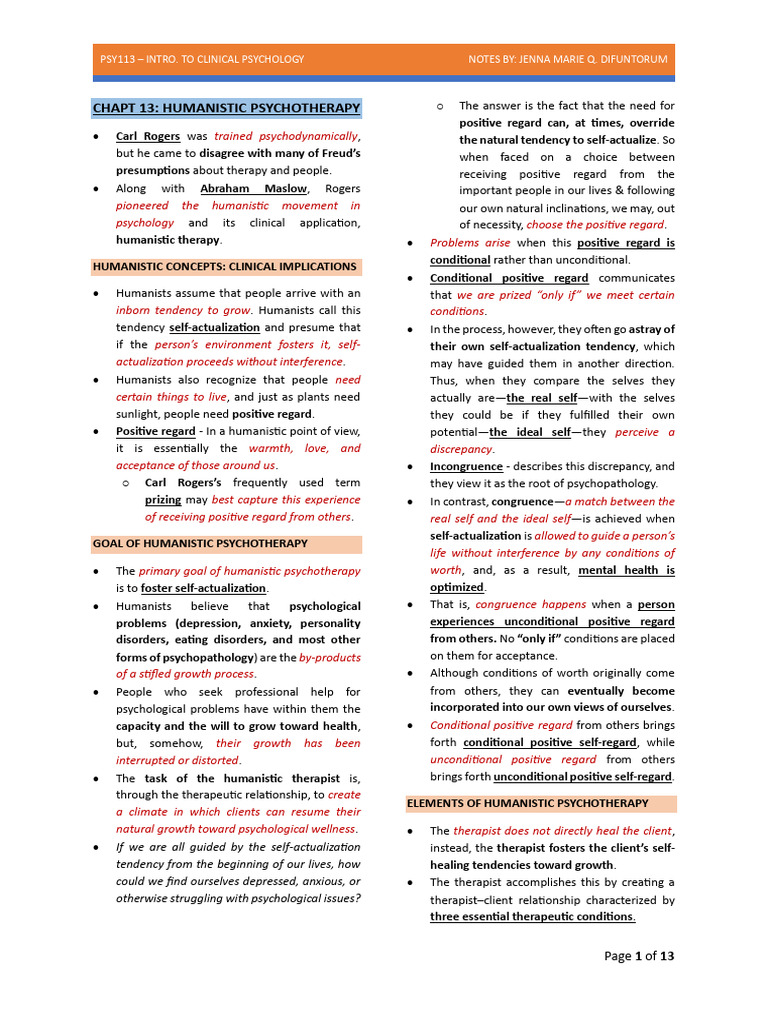 Finals Notes For For Clin. Psych | PDF | Psychotherapy | Humanistic ...