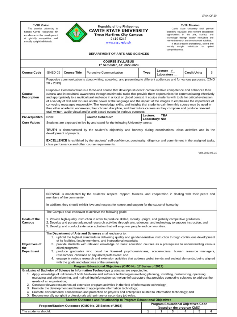 Purposive Communication Course Syllabus | PDF | Communication ...