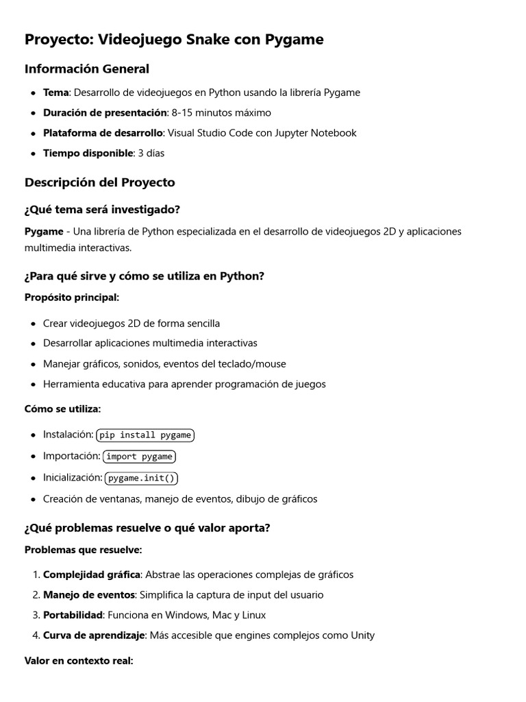 Descripción Del Proyecto Snake Con Pygame | PDF | Inteligencia artificial | Inteligencia (IA) y ...