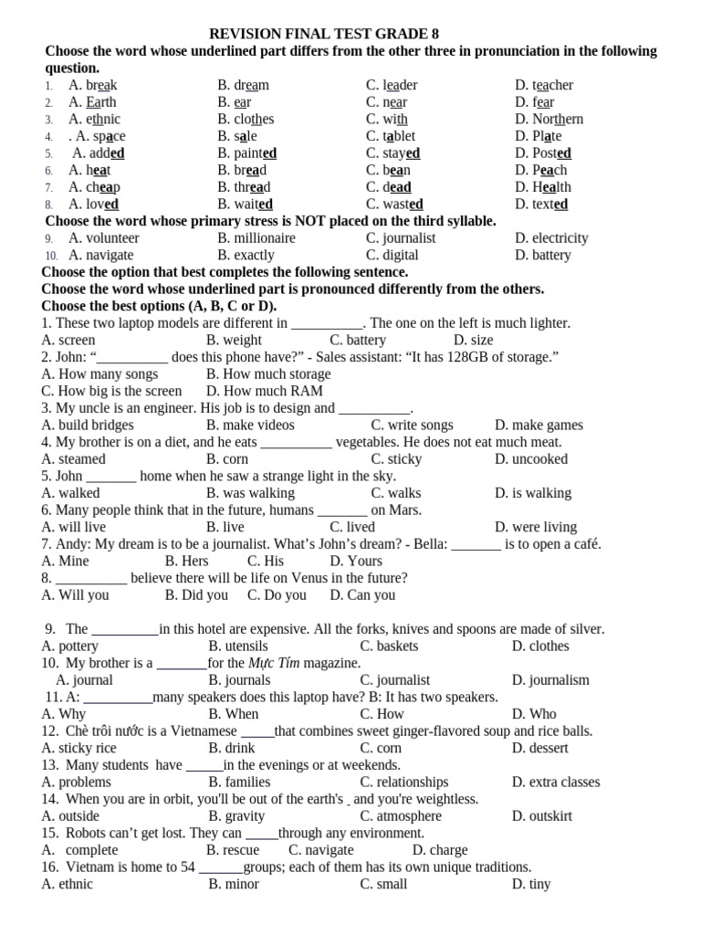 Grade 8 English Test Review | PDF