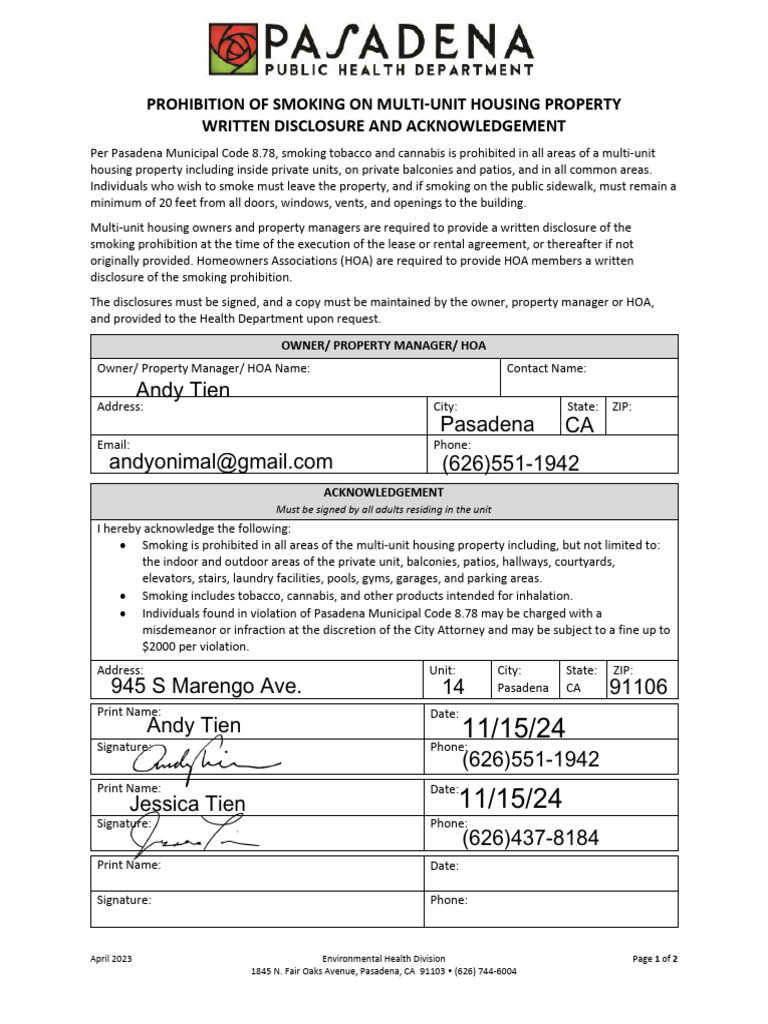Prohibition of Smoking On Multi Unit Housing Written Disclosure and ...