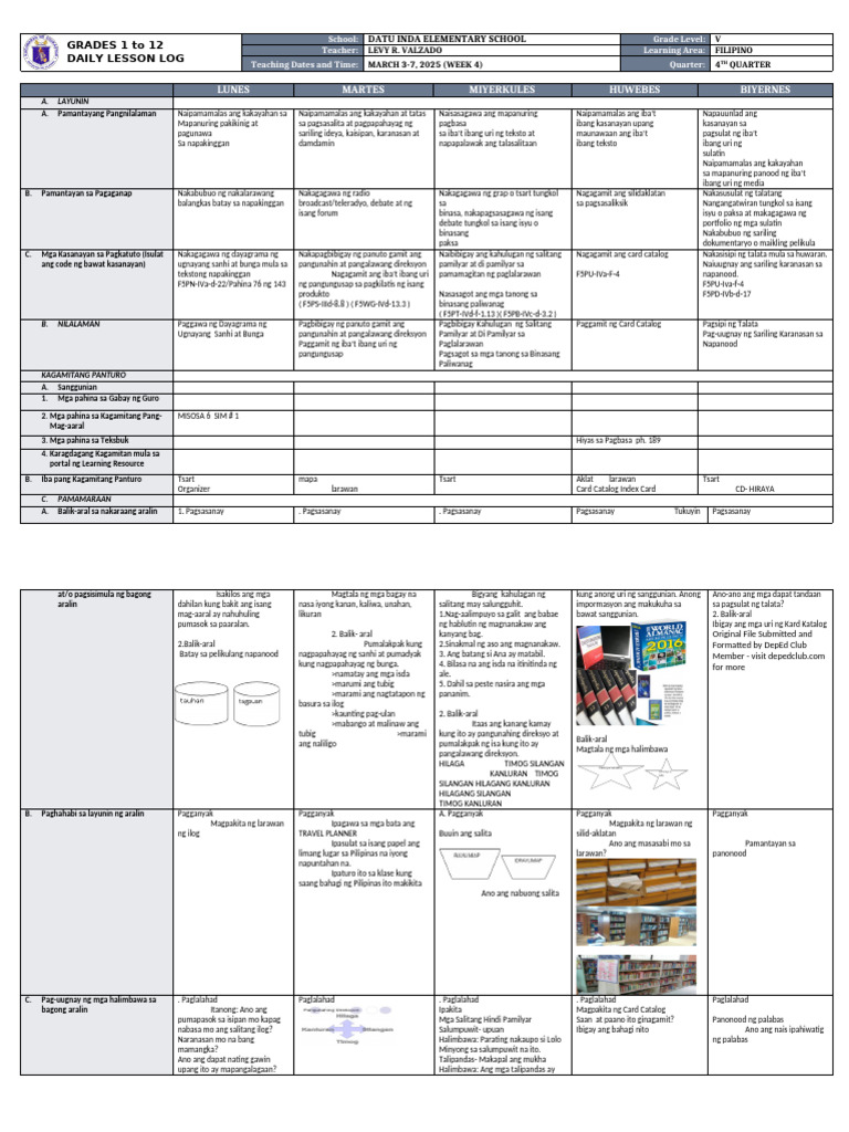 DLL Filipino 5 q4 w4 | PDF