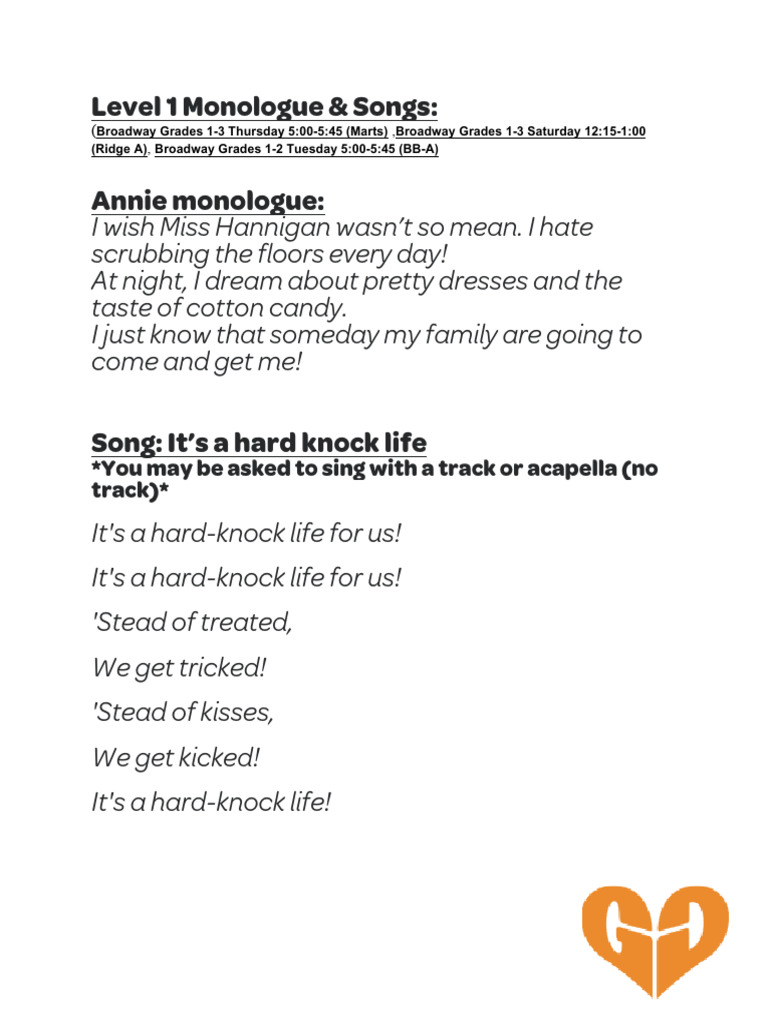 Level 1 SingingActing Auditions | PDF