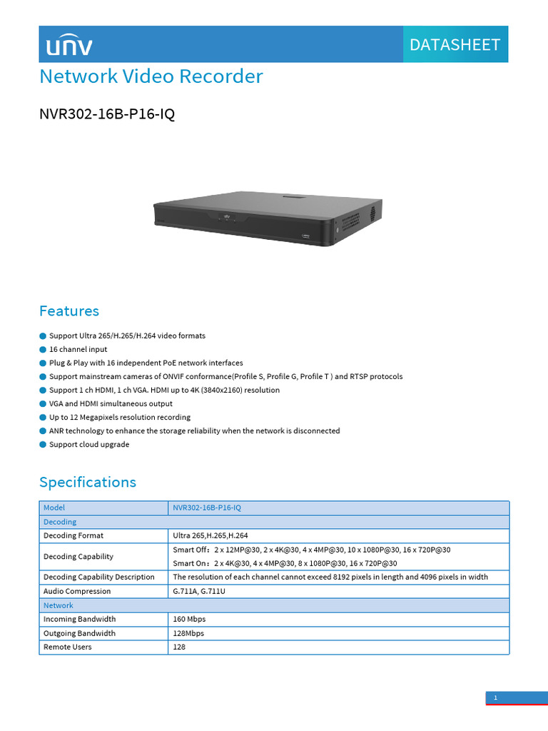 UNV NVR302-16B-P16-IQ Network Video Recorder | PDF | Hdmi | Ip Address