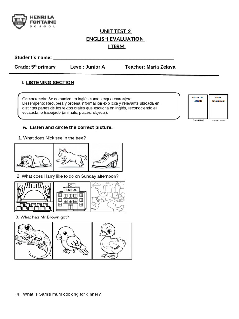 5th Grade English Unit Test Evaluation | PDF | Zoology