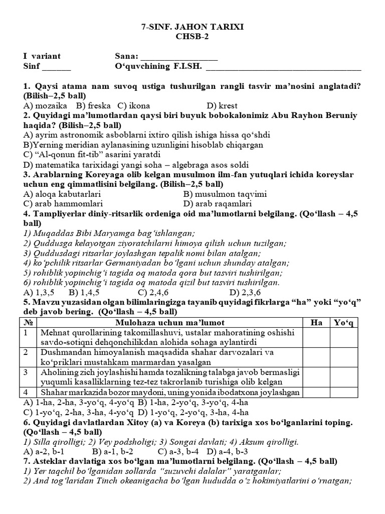 7-Sinf. Jahon Tarixi. CHSB-2 Original | PDF