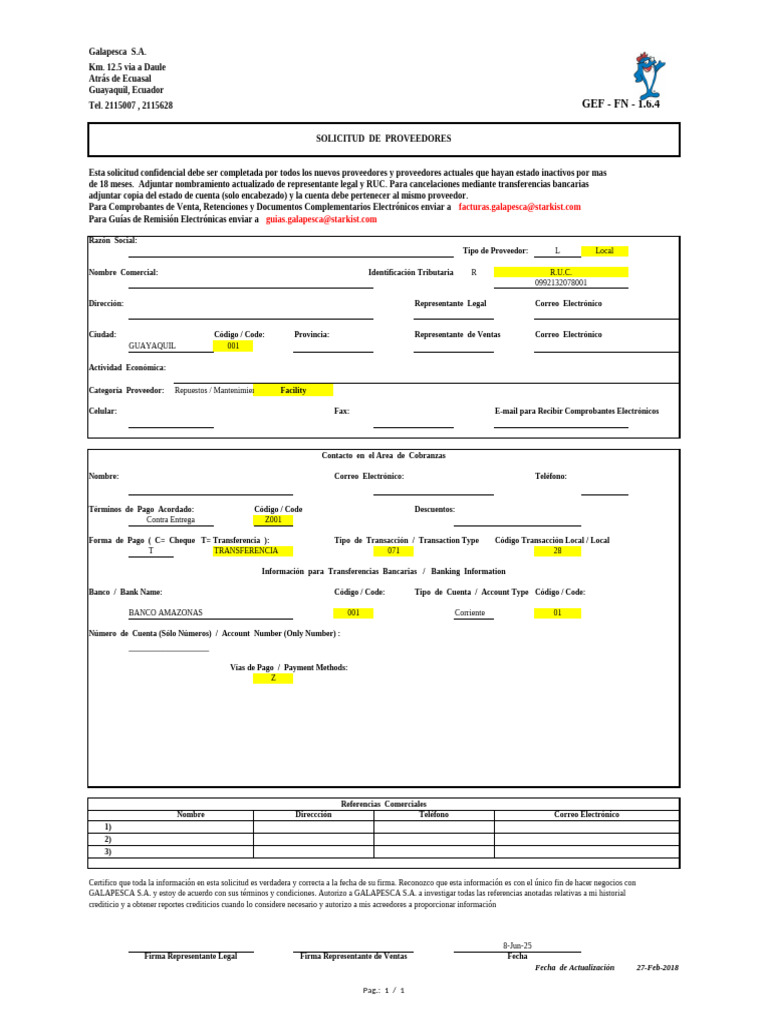 Formato Creacíon de Proveedores Actualizado Febrero 27-2018 | PDF | Transferencia bancaria | Dinero