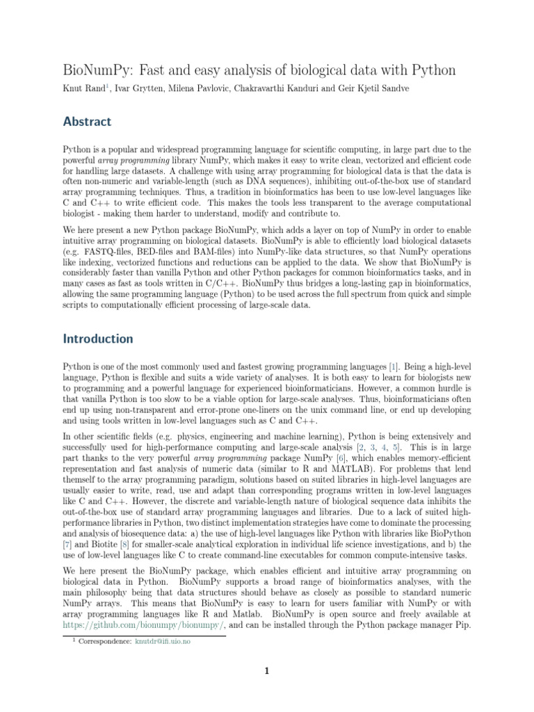 BioNumPy Fast and Easy Analysis of Biological Data | PDF | Computer Programming | Python ...