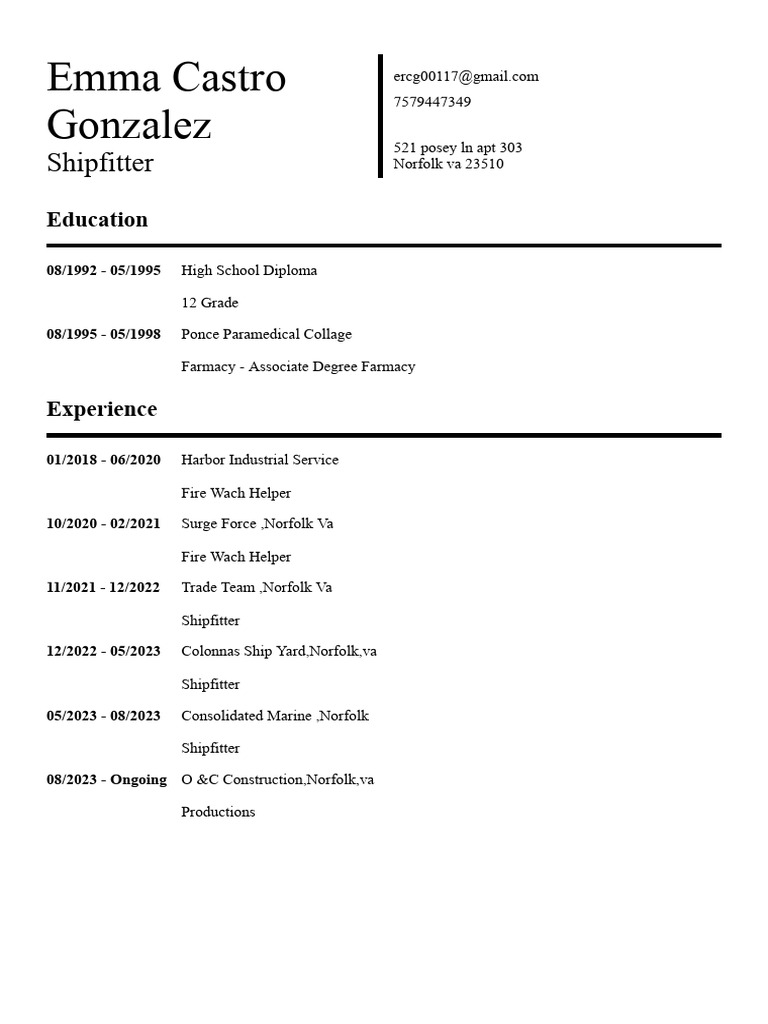 Emma Castro: Experienced Shipfitter Resume | PDF