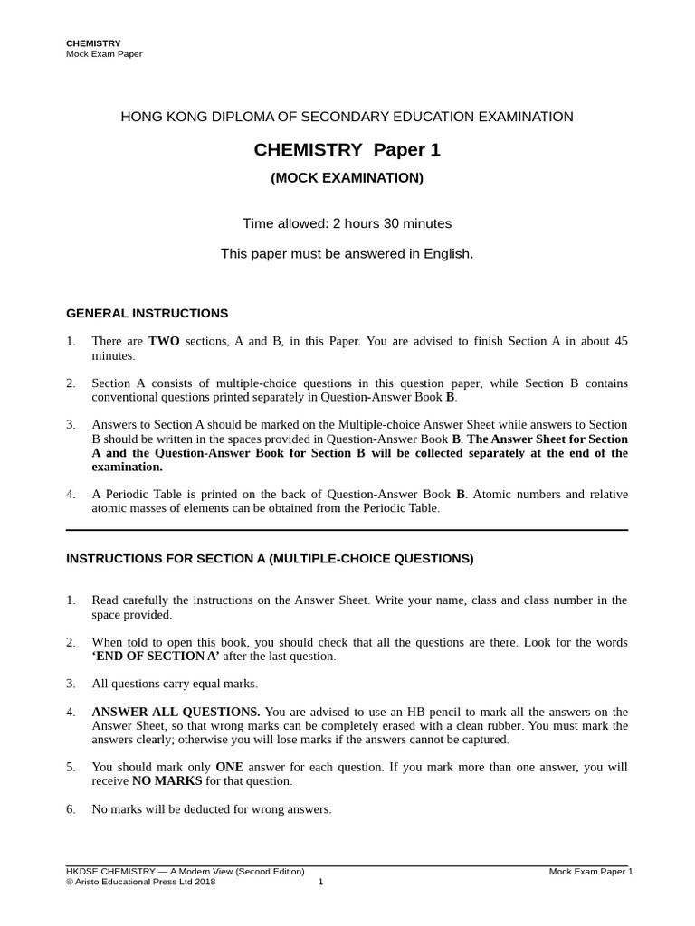 2CA S6 Mock Exam Paper 1 2018 Eng | PDF | Chlorine | Chemistry