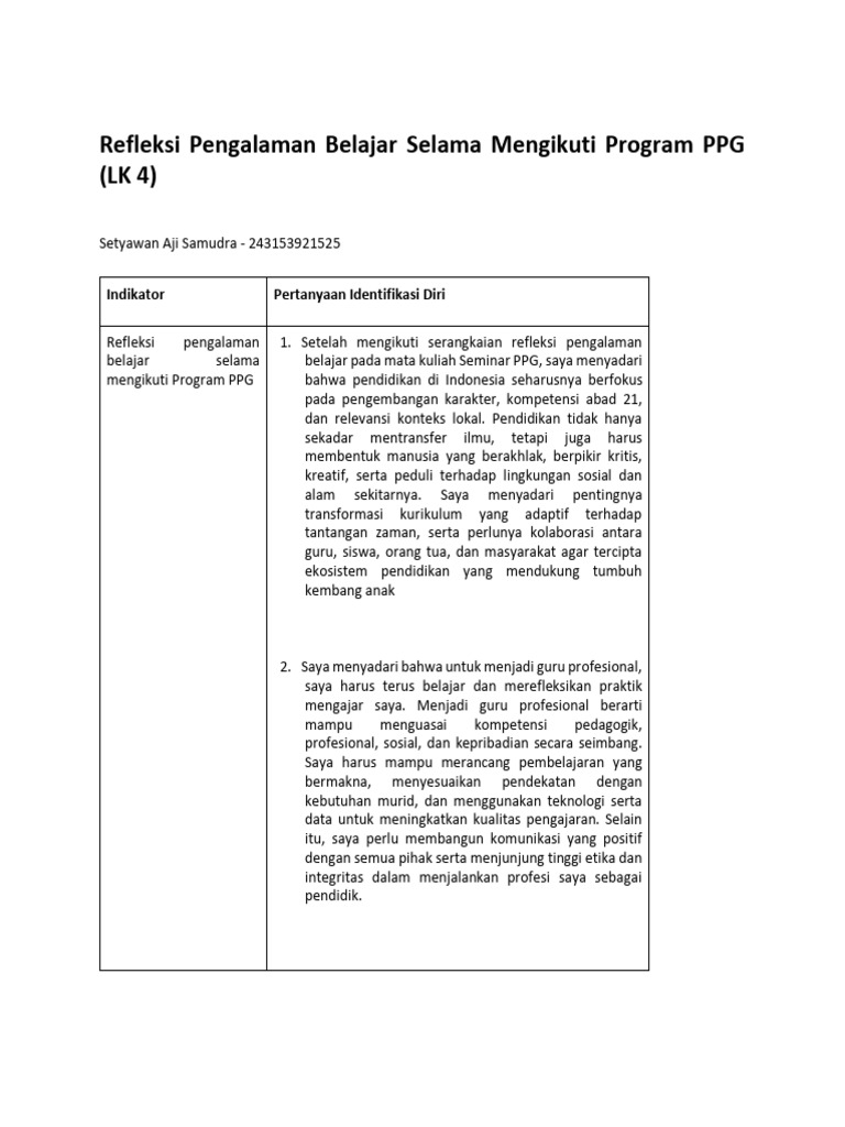 Refleksi Pengalaman Belajar - Setyawan Aji Samudra - Seminar Pendidikan Profesi Guru | PDF
