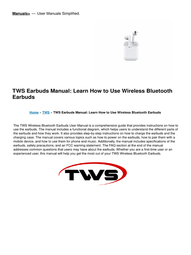 Tws Wireless Bluetooth Earbuds Manual | PDF | Headphones | Bluetooth