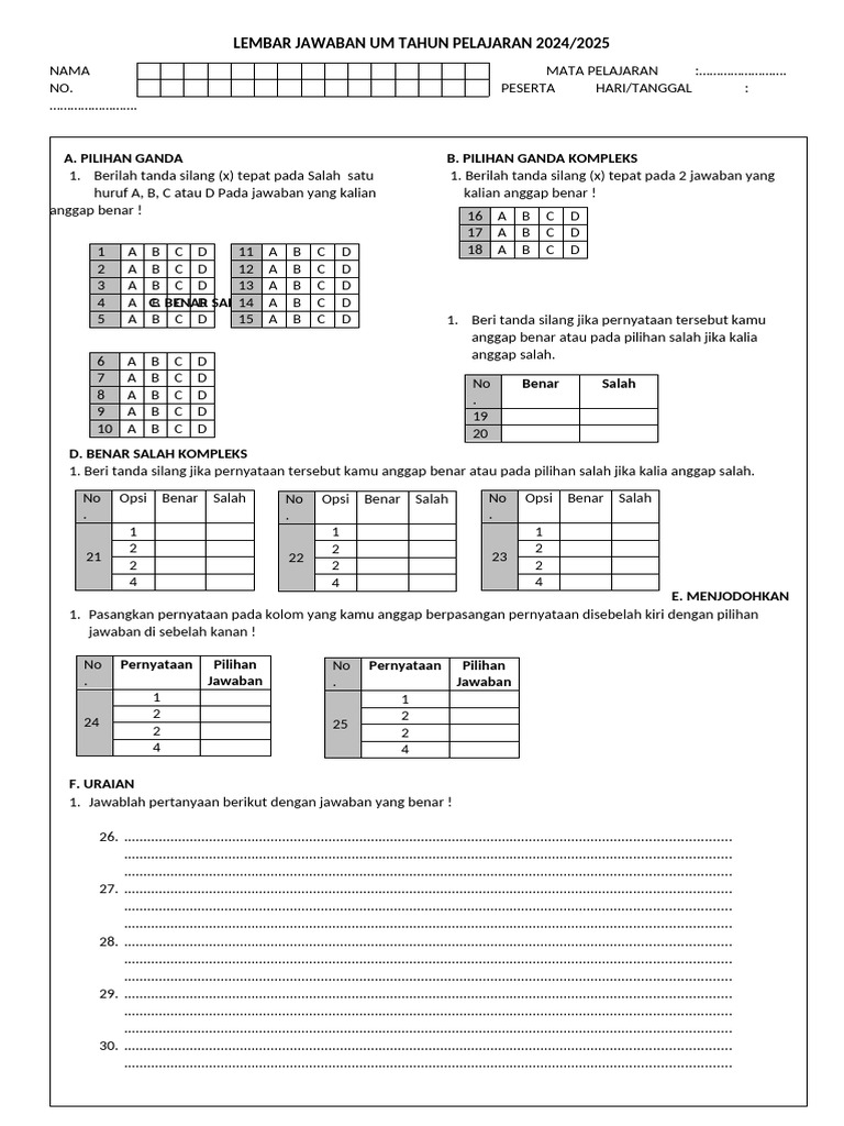 Lembar Jawaban Um Tahun Pelajaran 2024 | PDF
