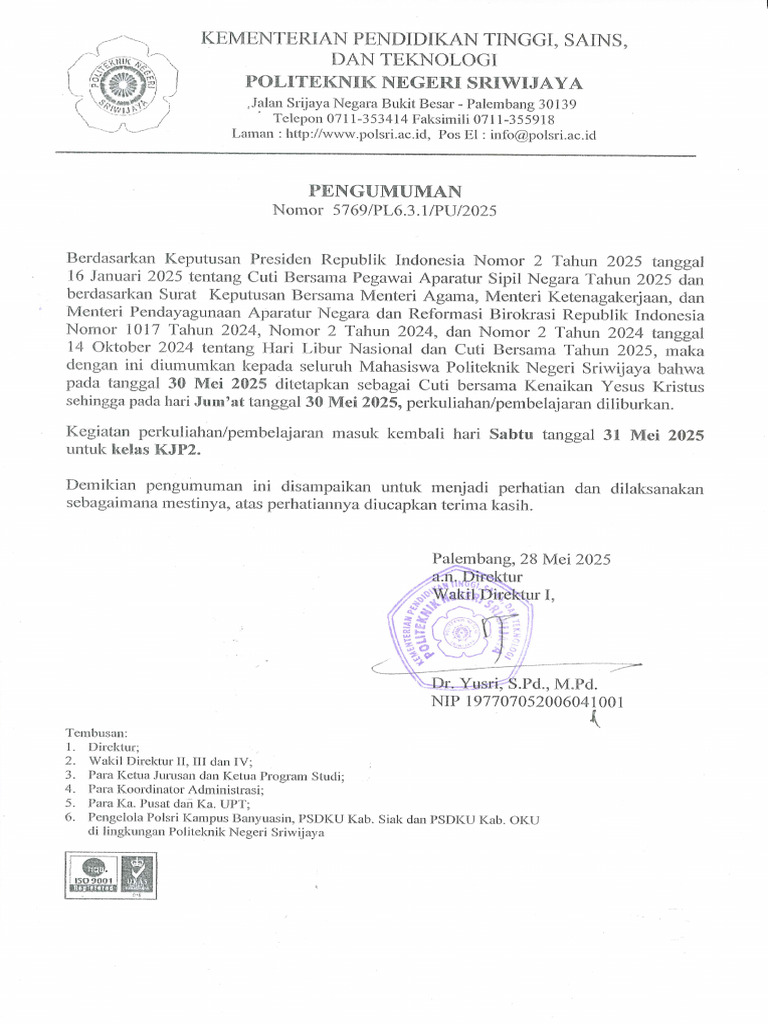 5769 - Pengumuman Cuti Bersama Kenaikan Yesus Kristus | PDF