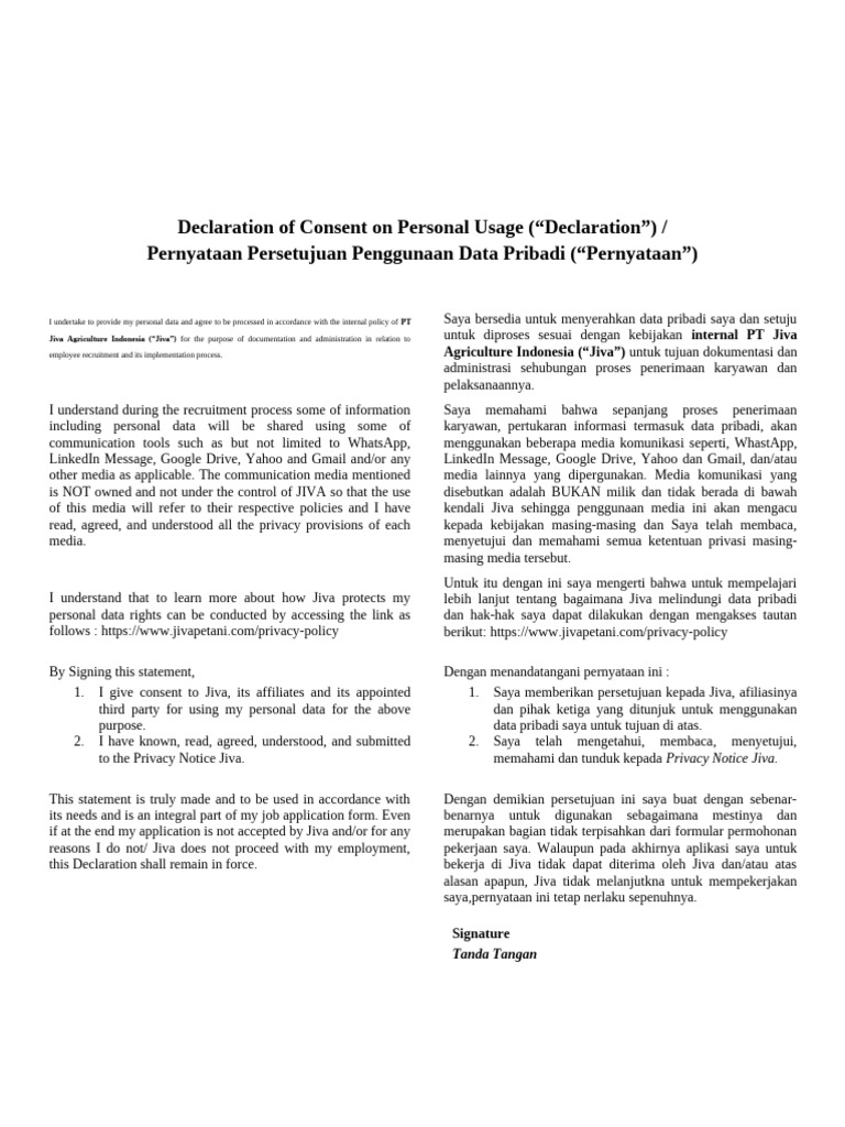 Declaration of Consent On Personal Usage ("Declaration") | PDF