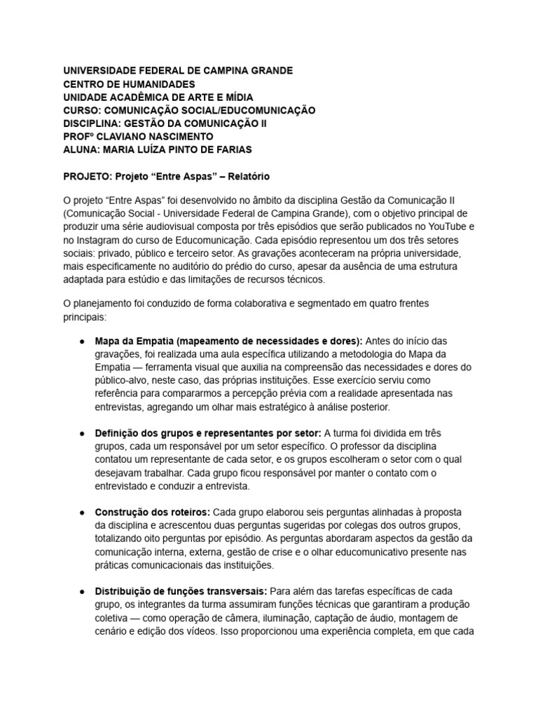 Relatório do Projeto "Entre Aspas" | PDF | Comunicação | Sociologia